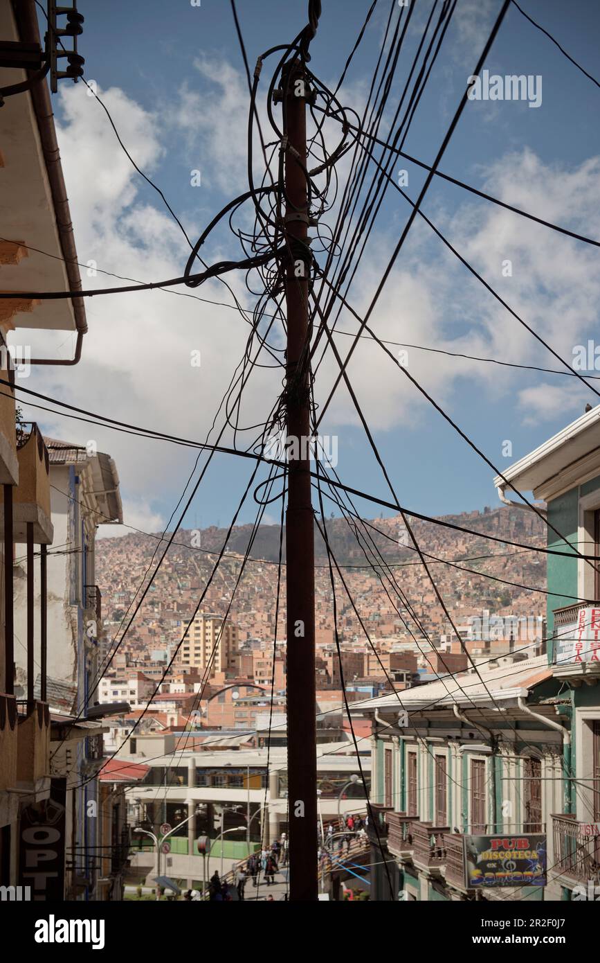 Power cable tangle on electricity pylons in old town La Paz, Bolivia ...