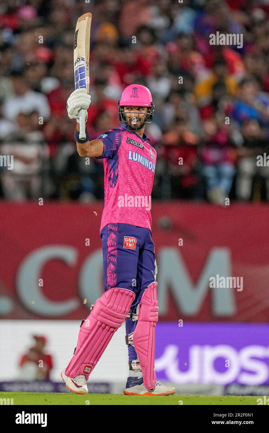 Rajasthan Royals' Devdutt Padikkal, raises his bat after scoring fifty ...
