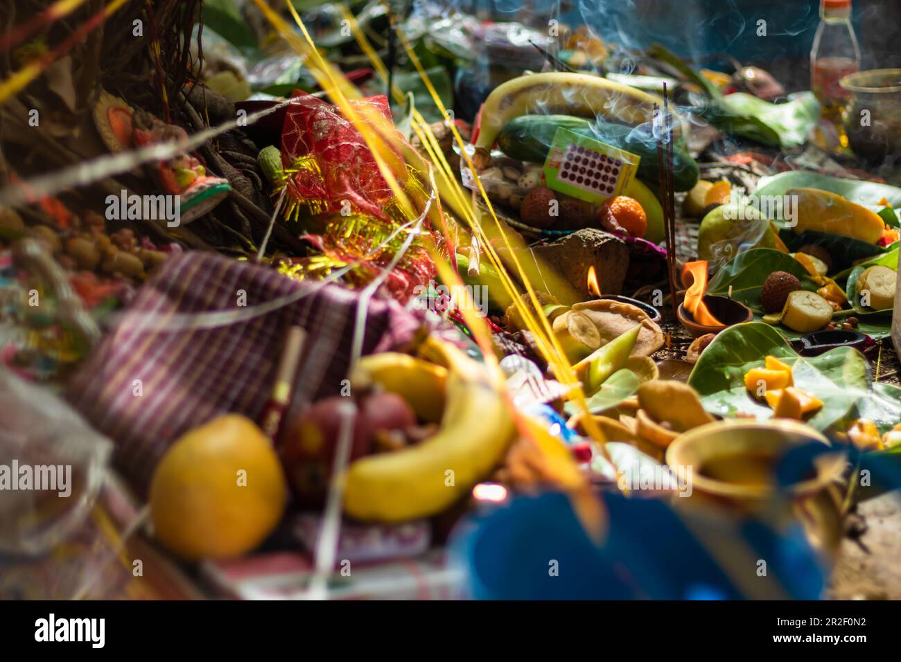 holy items kept for hindu religious worship of banyan tree on vat ...