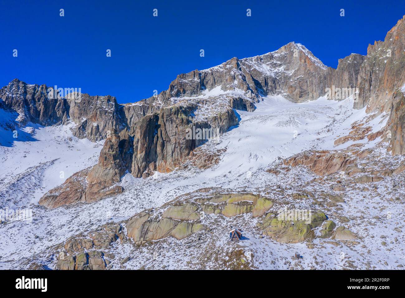 Aerial view of the Sidelenhütte with Galenstock, Uri Alps, Canton of ...