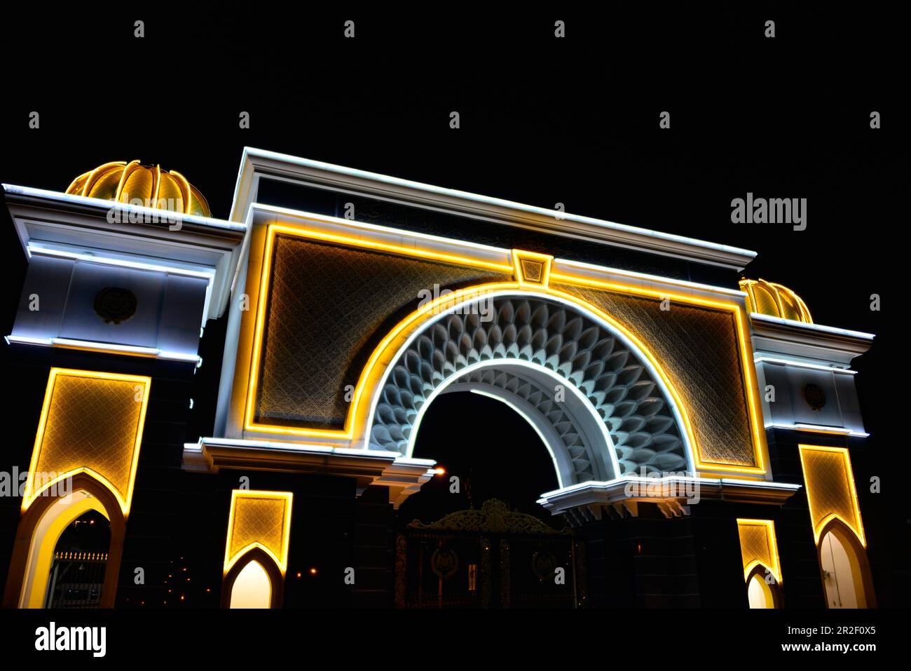 Night view of a temple complex with colorful lighting in Kuala Lumpur ...