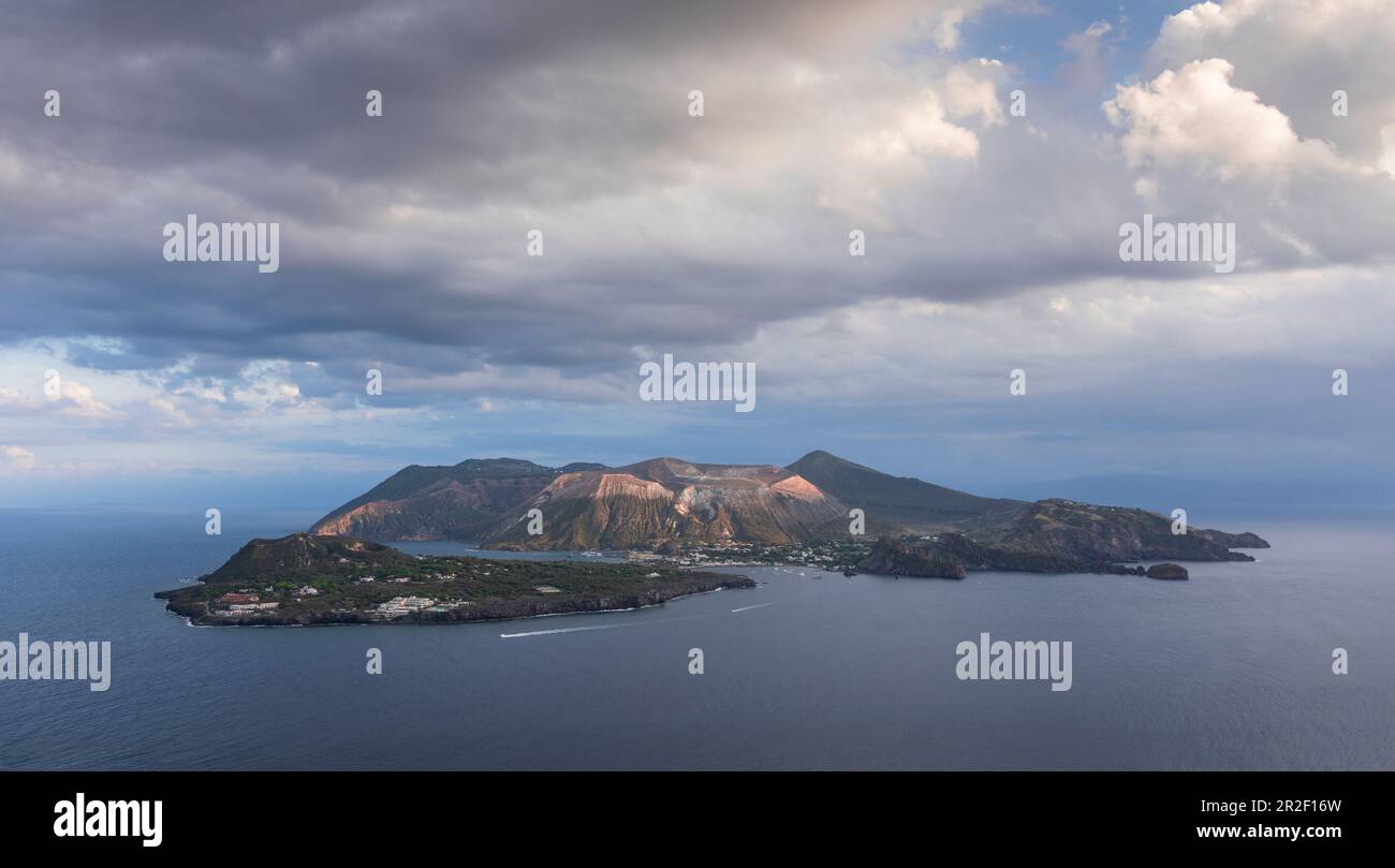 Volcano island Vulcano with dramatic clouds, Sicily Italy Stock Photo ...