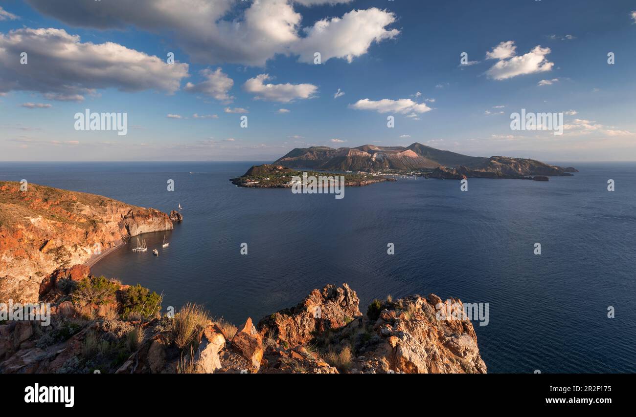 Coast of Lipari with a view of Vulcano volcanic island at day, Sicily ...