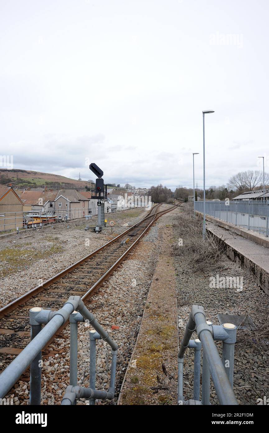 Looking north at Abercynon station. Merthyr line is straight ahead and ...