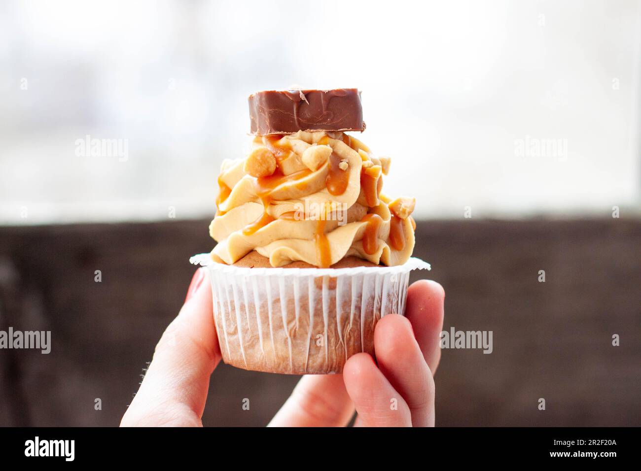Hand holding chocolate cupcake with peanut butter frosting, chocolate ...