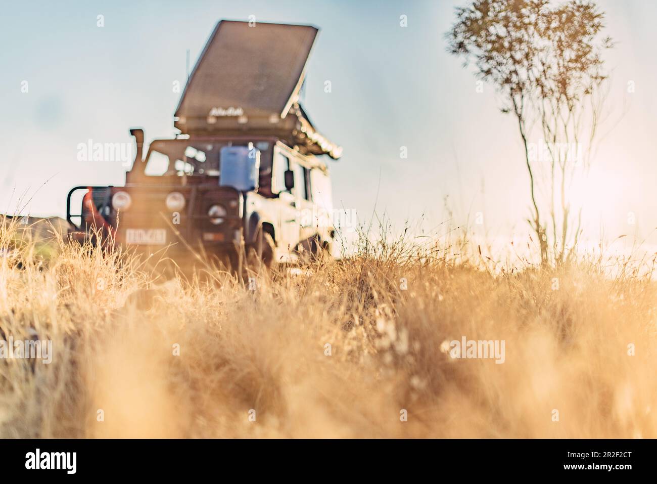 Off-road vehicle in the morning light in the Pilbara in Western ...