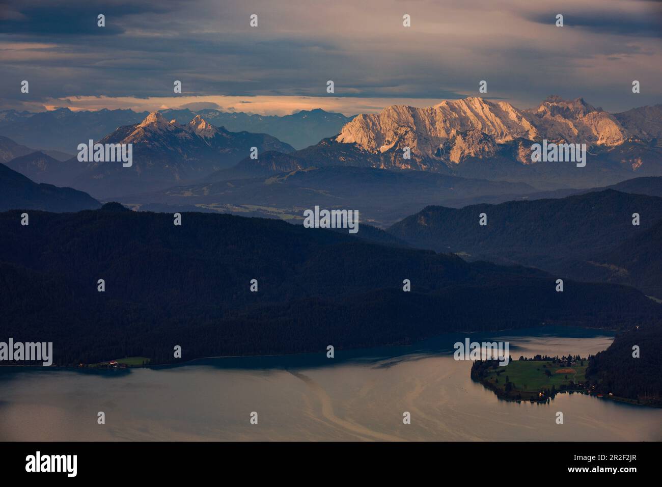 Wetterstein Mountains at sunrise from Jochberg am Walchensee, Bavaria ...
