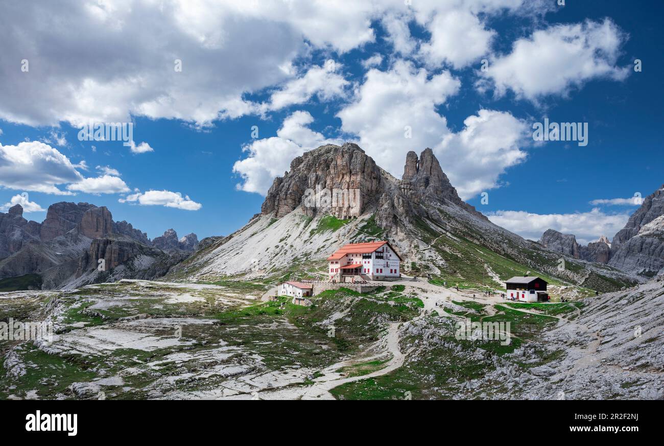 Sasso di Sesto summit and Drei Zinnen hut in the Dolomites natural park ...