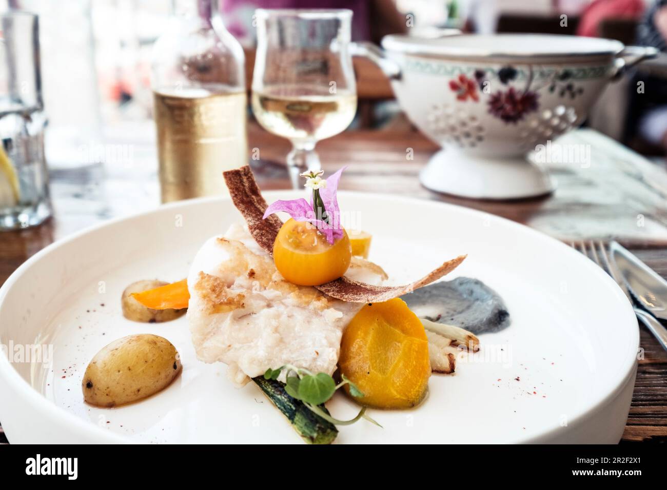 Fish dish: Julienne with potatoes, yellow and green zucchini, yellow ...