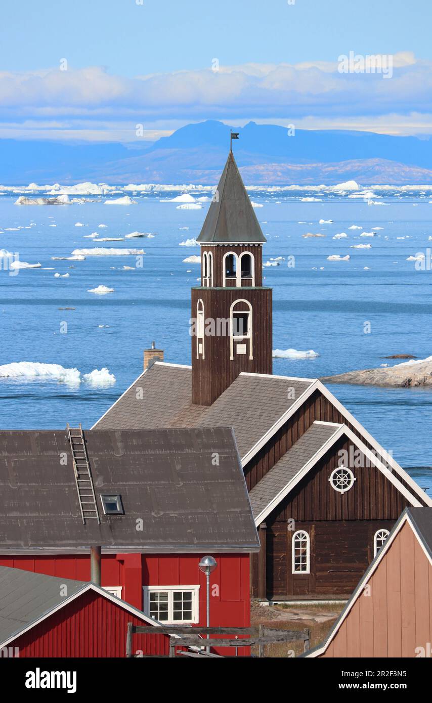 Zionskirche in Ilulissat; Disco Bay in West Greenland; Church covered ...