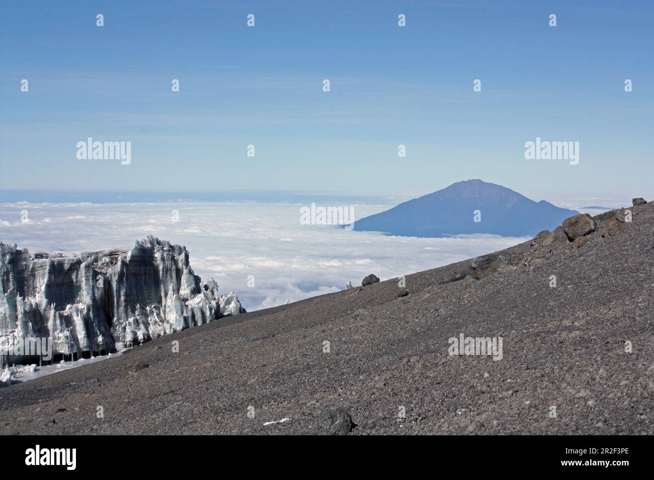 Summit of Kilimanjaro; View of glaciers and the top of Mount Meru Stock ...