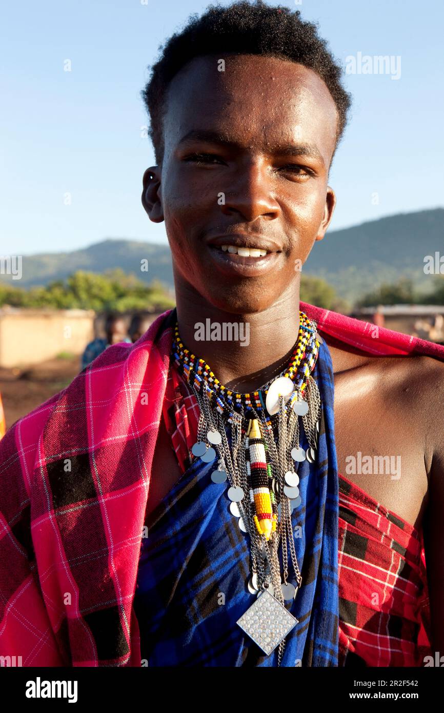 Young Masai with typical clothing, Safari, National Park, Masai Mara ...