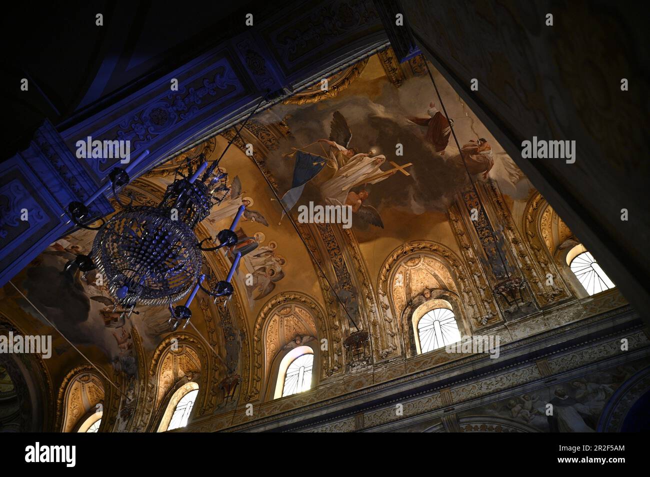Scenic ceiling view with frescoes of the Baroque style Basilica ...