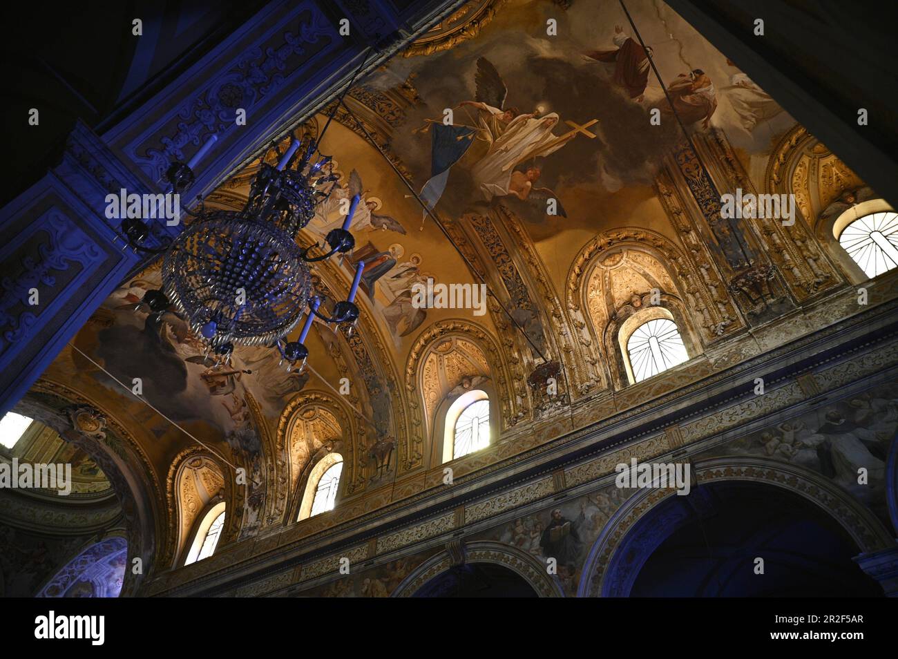 Scenic ceiling view with frescoes of the Baroque style Basilica ...