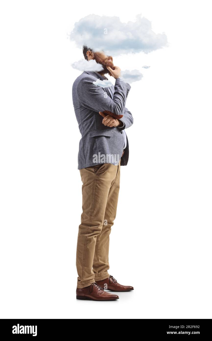 Man surrounded by clouds thinking and holding his chin isolated on white background Stock Photo ...