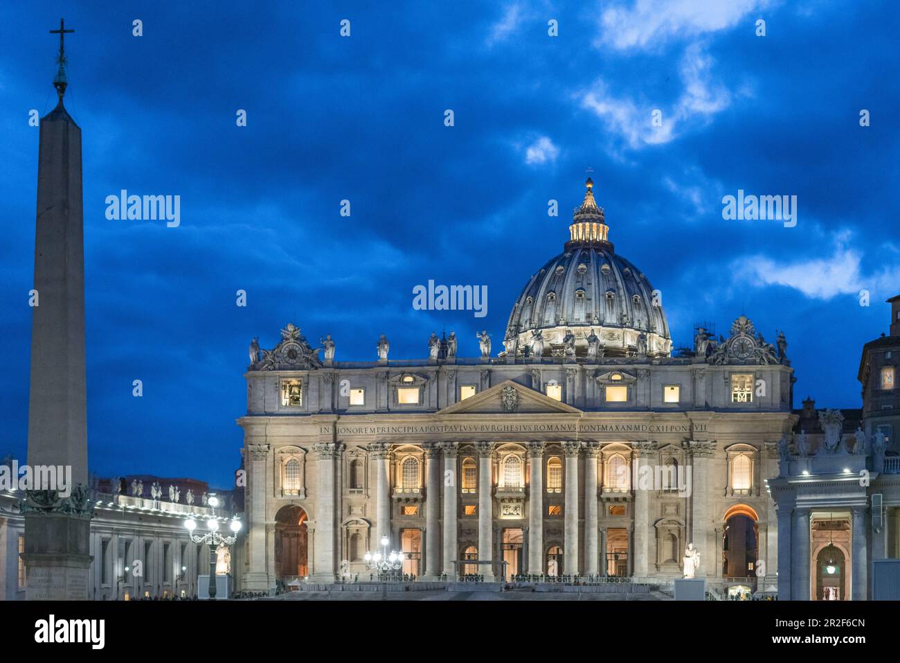 Front view of the illuminated St. Peter's Basilica in Rome, Italy Stock ...