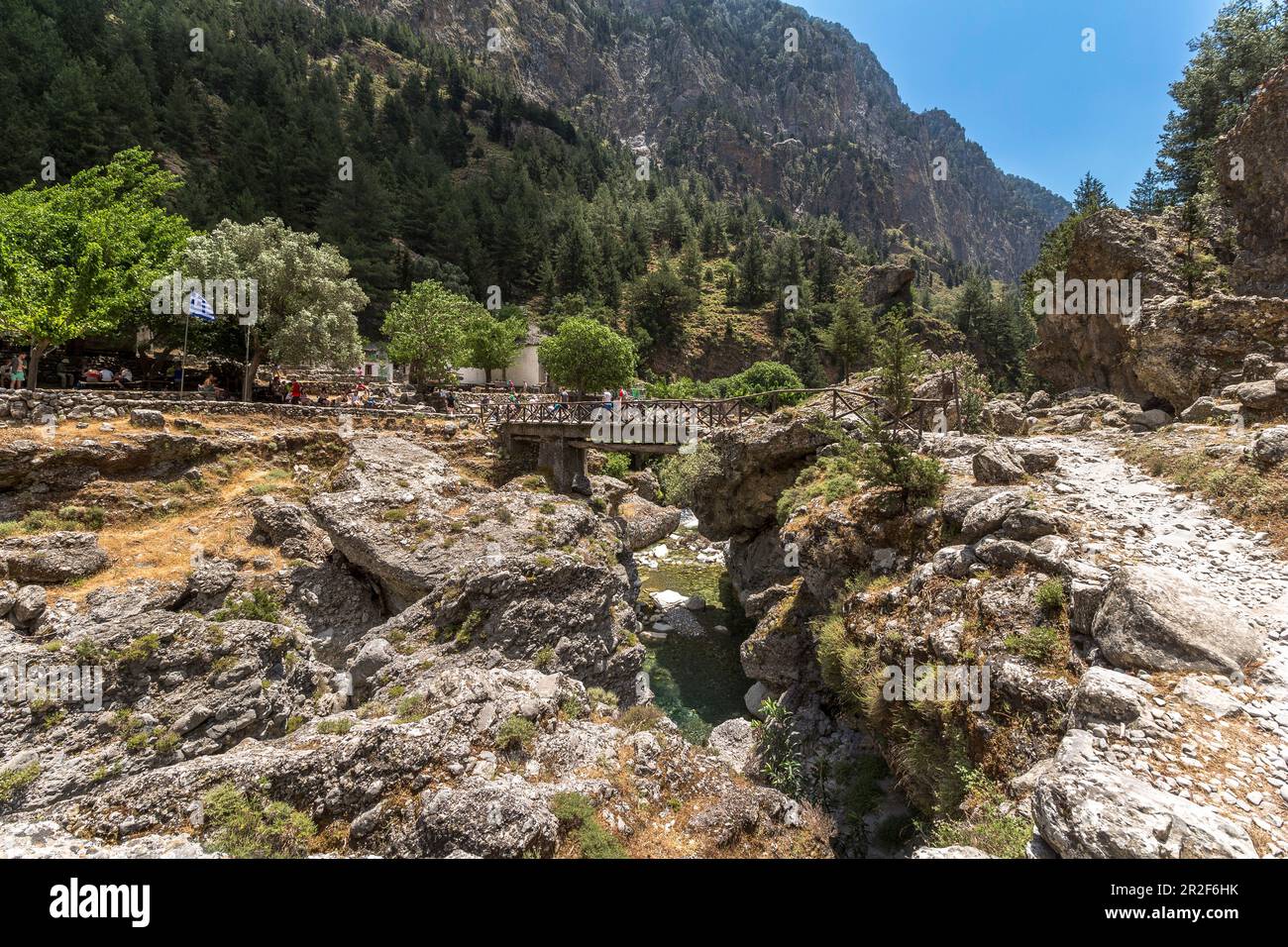 Bridge to Samariá rest area on Samaria Gorge hike, West Crete, Greece ...