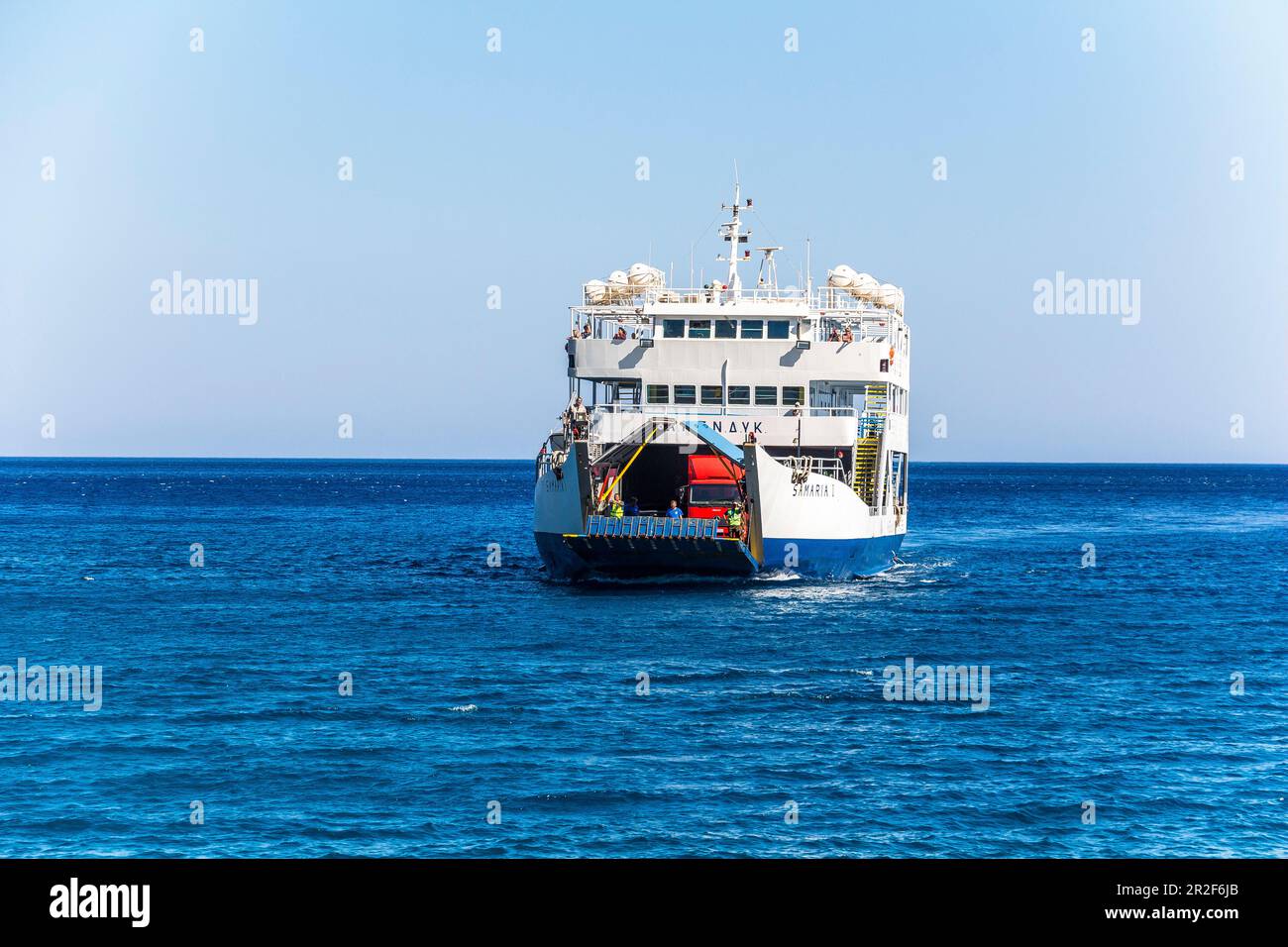 Incoming ferry at Samaria Gorge in Agia Roumeli, West Crete, Greece ...