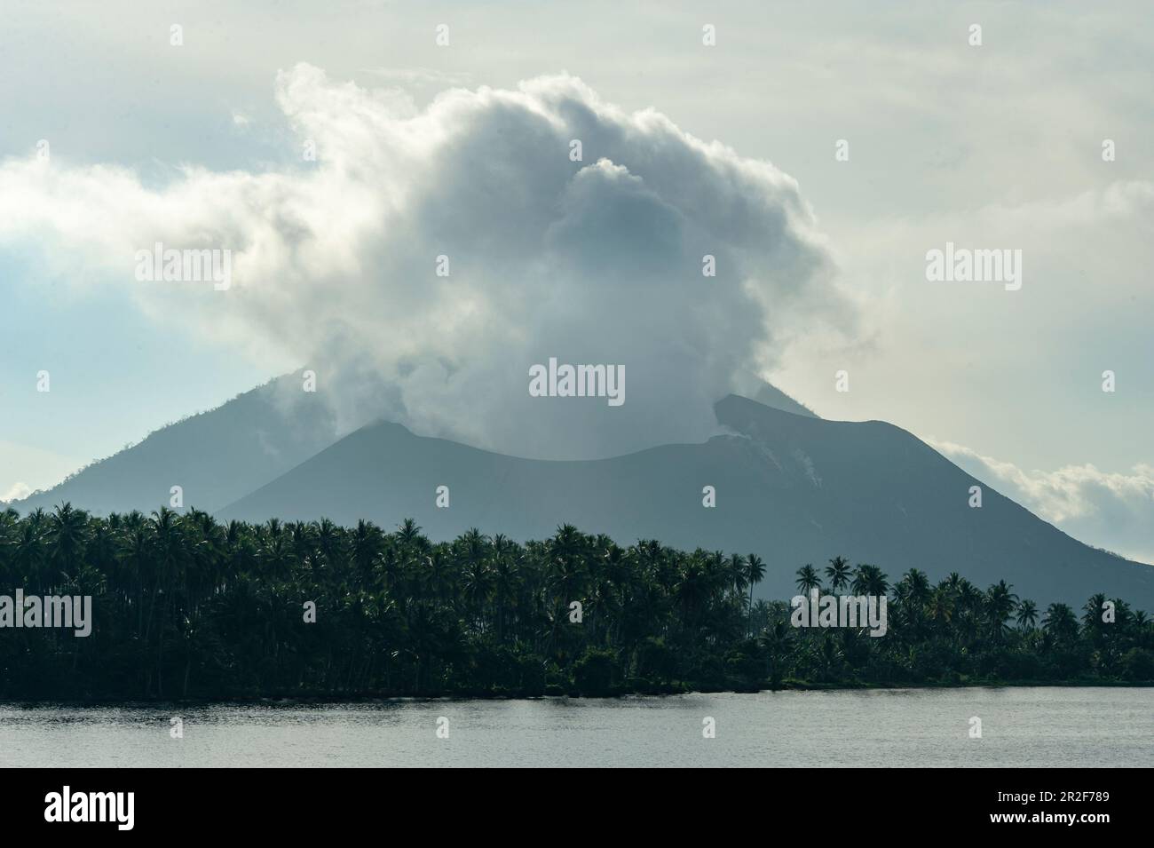 Smoke, steam and gases rise from the cone of an active volcano in ...