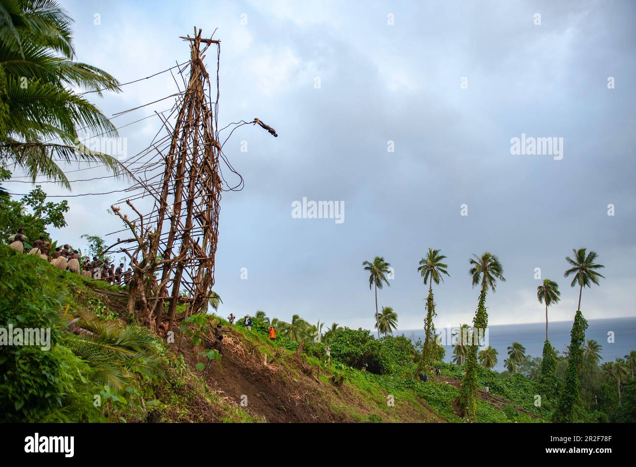 Original bungee jumping: A young man jumps from a wooden tower with ...