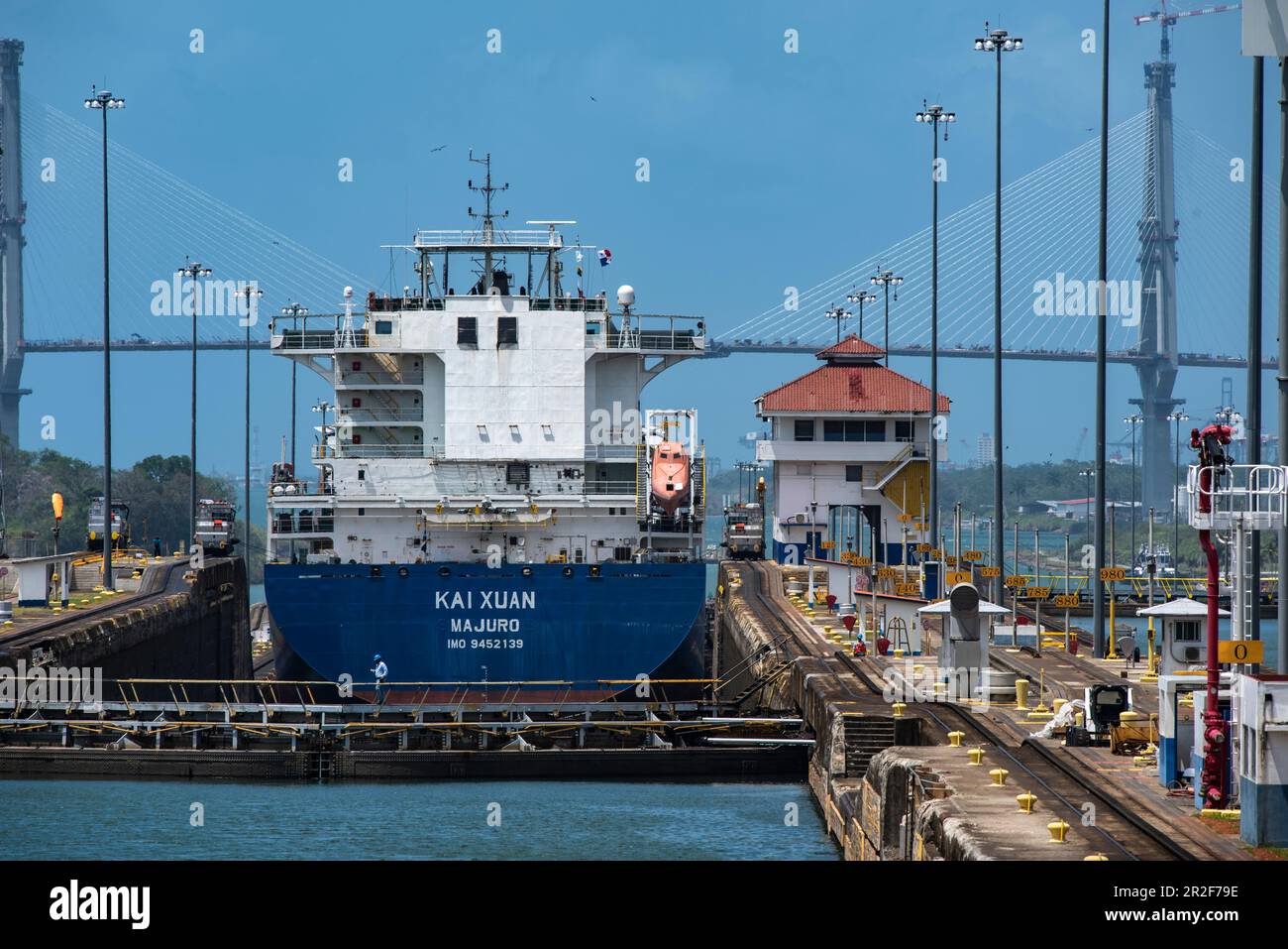 A cargo ship waits in the Gatun locks in the Panama Canal with the ...