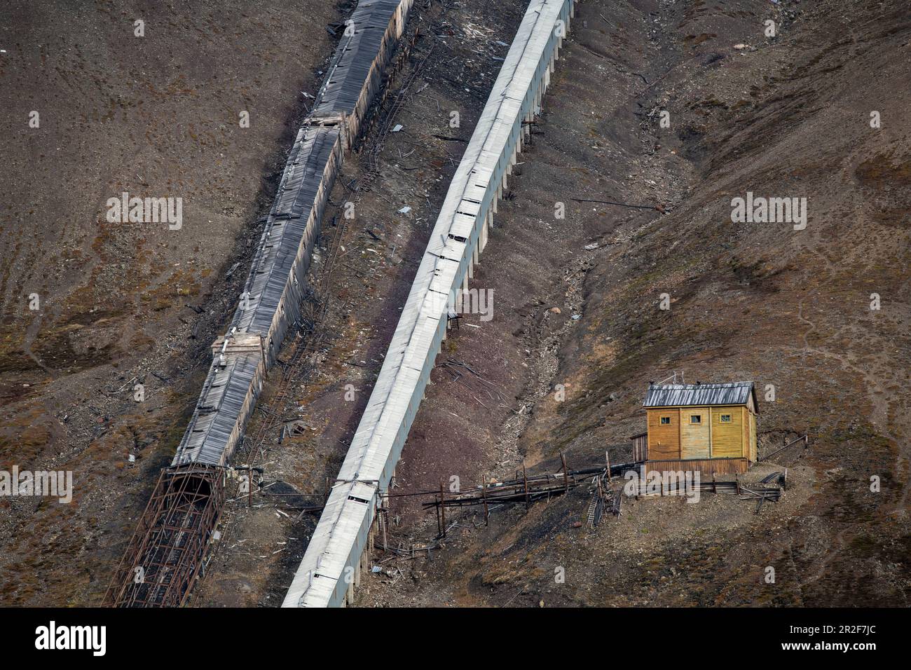 Coal transport systems on the side of a steep mountain outside the ...