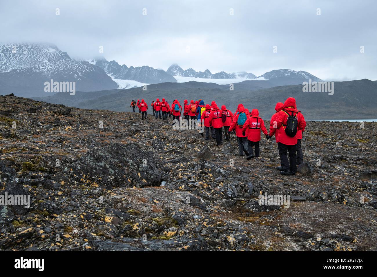Passengers on the expedition cruise ship MS Sea Spirit (Poseidon Expeditions) begin a hike ...