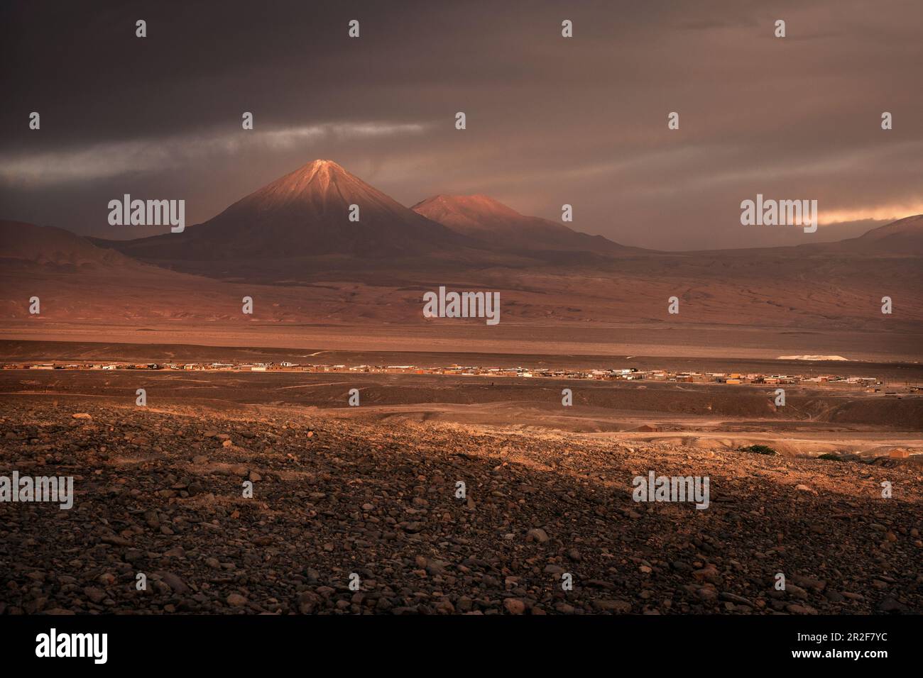 Panoramic view of San Pedro de Atacama with Licancabur volcano in the ...