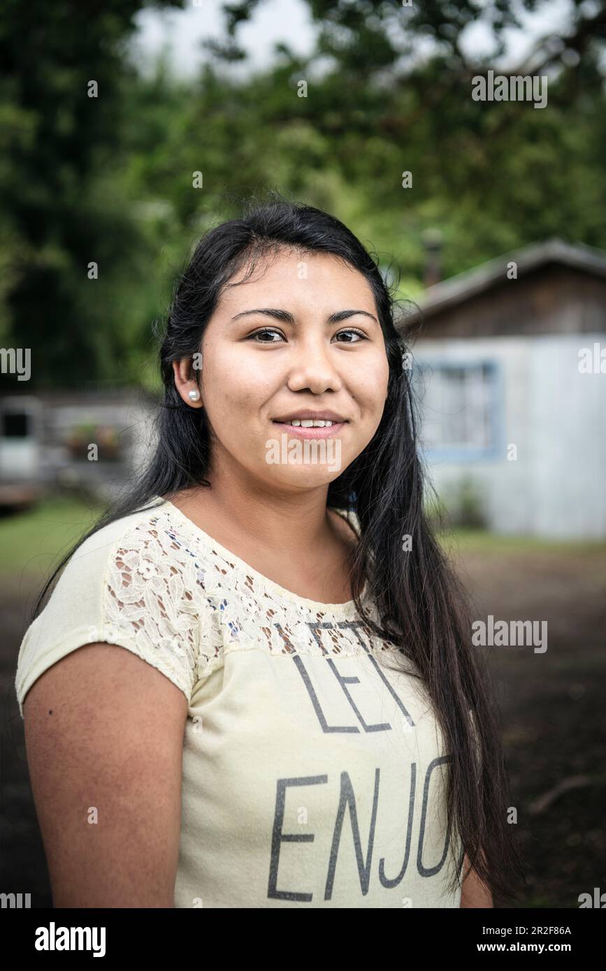 Portrait of a native indigenous woman, Parque Salto Los Mañios, Lago ...