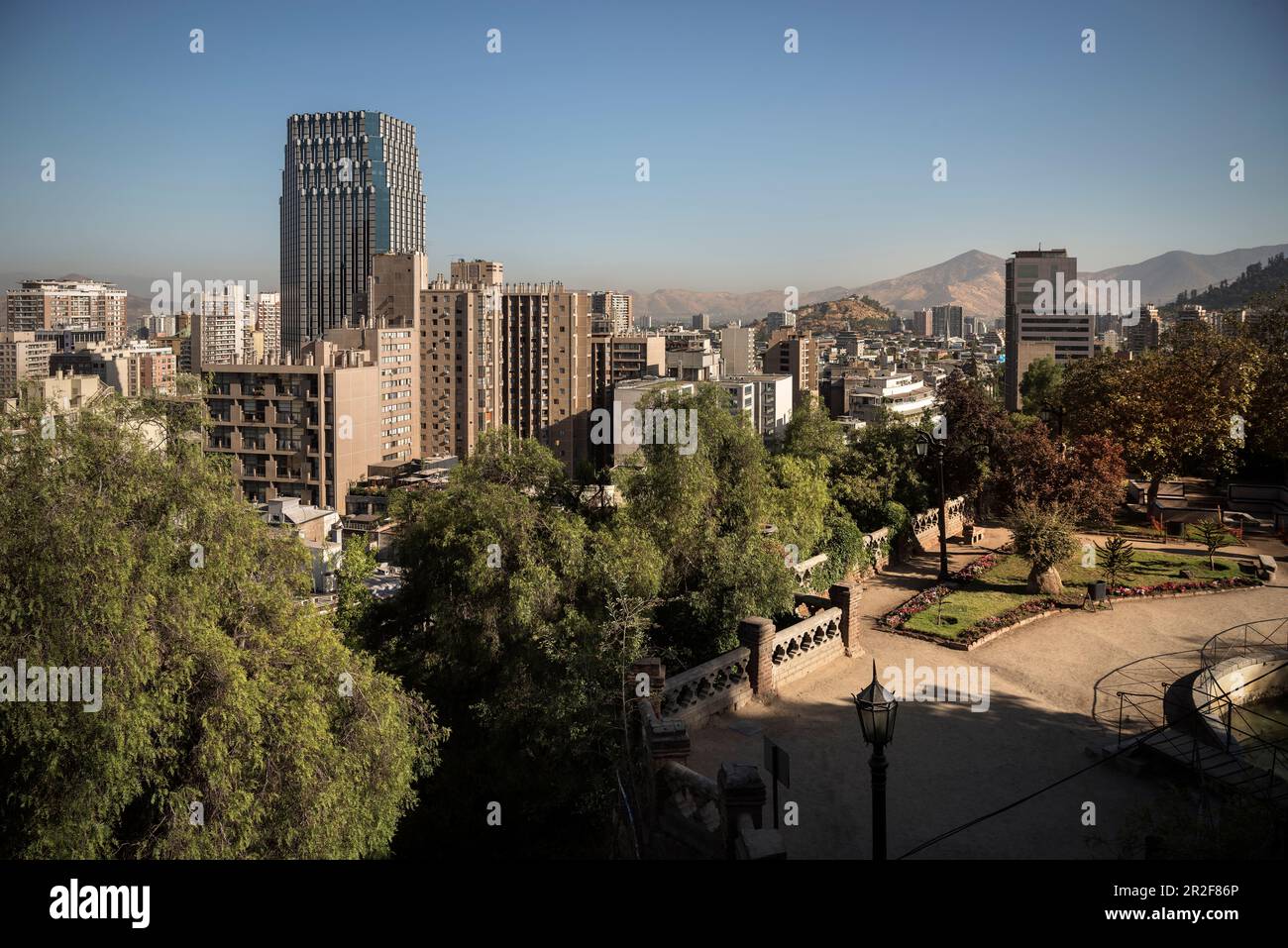 View over Santa Lucia Park and skyscrapers of the capital Santiago de ...