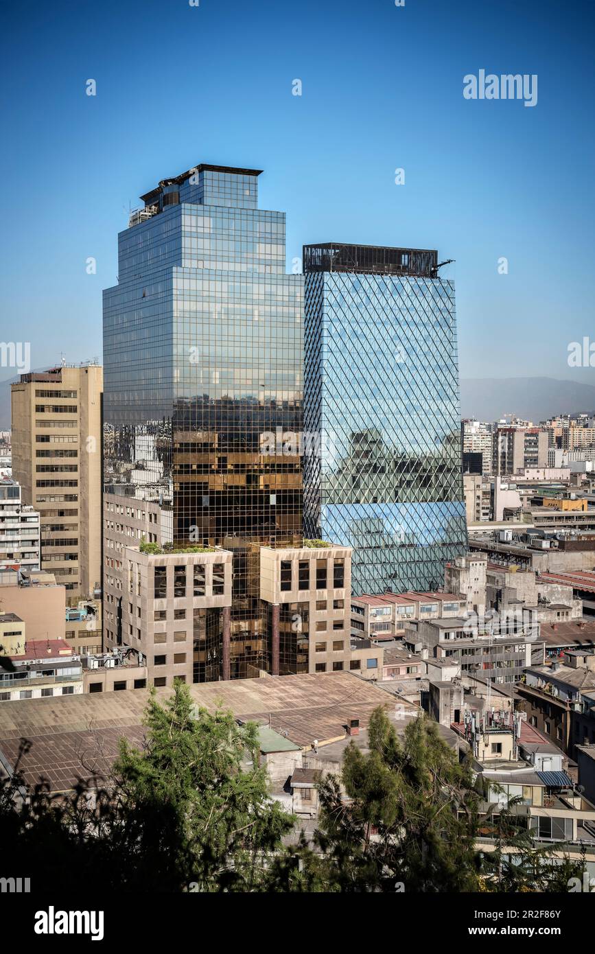 View from Cerro Santa Lucia Park to modern high-rise buildings, capital ...