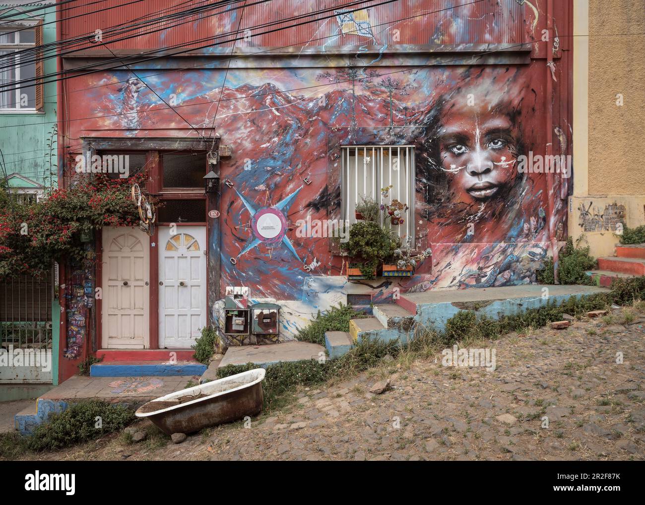 Mural (large mural), street art in the streets of Valparaiso, Chile ...