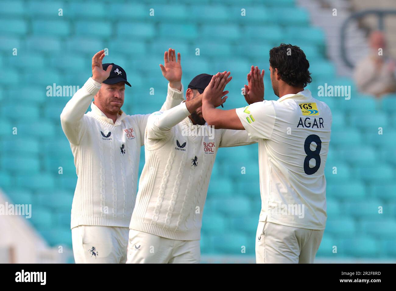19 May, 2023. London, UK. Kent’s Wes Agar celebrates after getting the ...