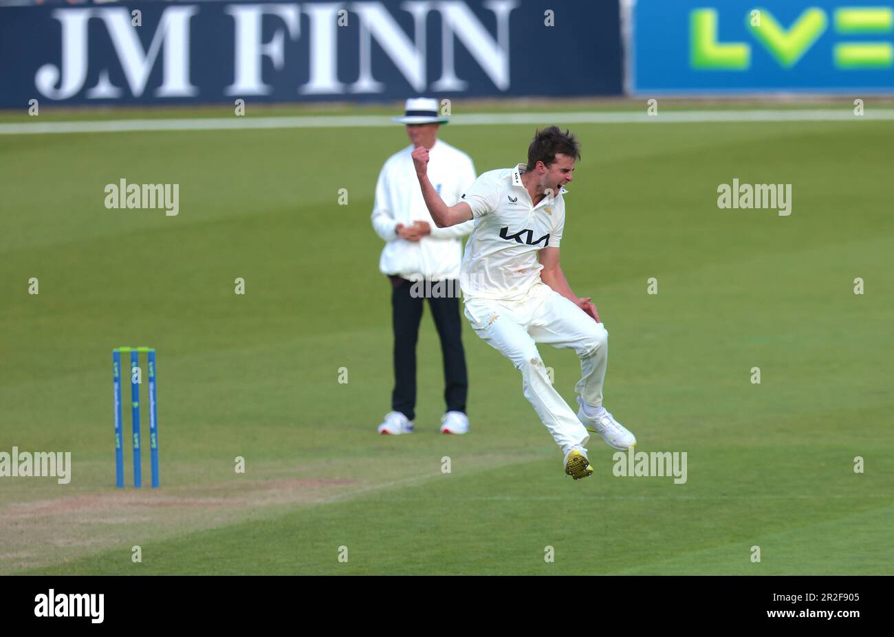 19 May, 2023. London, UK. Surrey’s Tom Lawes celebrates after bowling ...