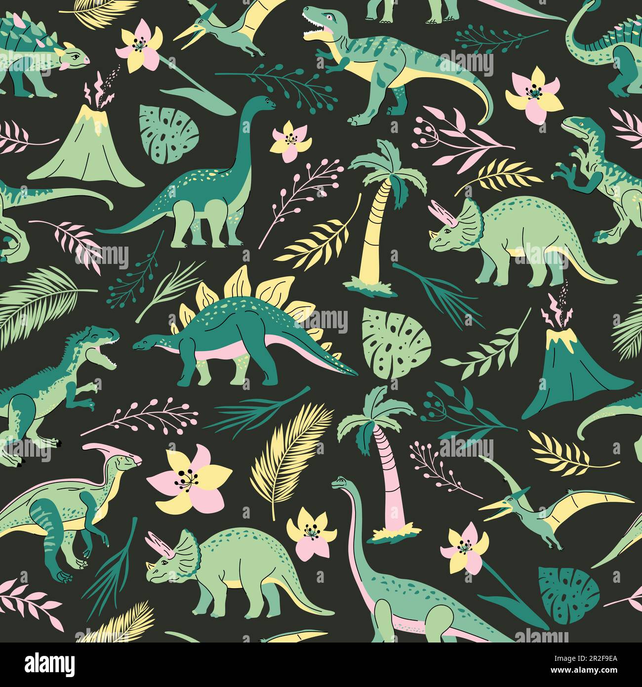 Seamless pattern with bright dinosaurs and green plants including T-rex ...