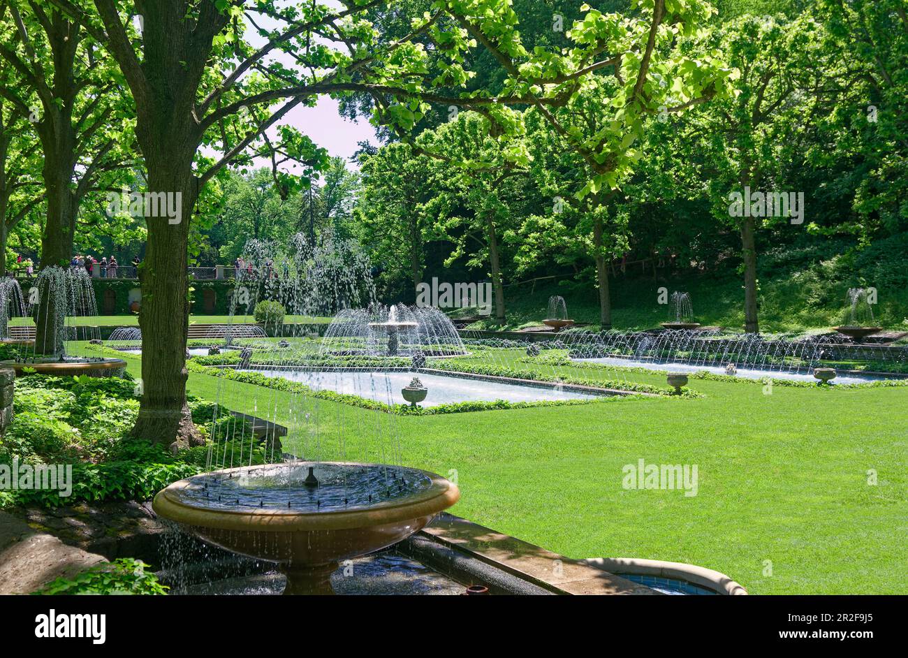 Italian Water Garden, fountains, ponds, green grass, trees, edging ...