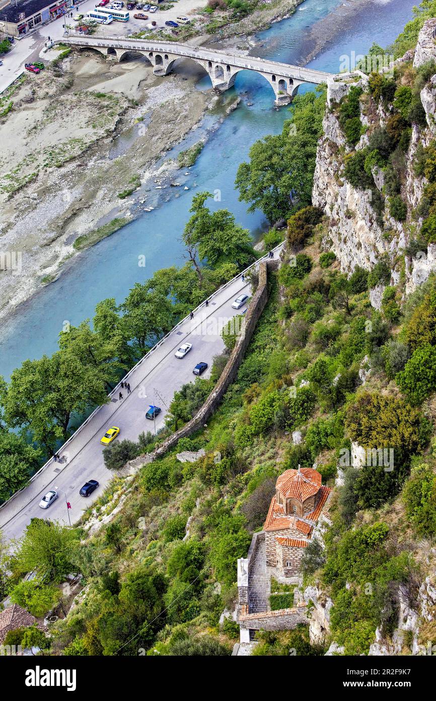 Berat, stone bridge over the Osum River, city view, important landmark ...