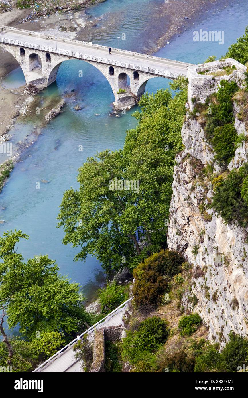 Berat, stone bridge over the Osum River, city view, important landmark ...
