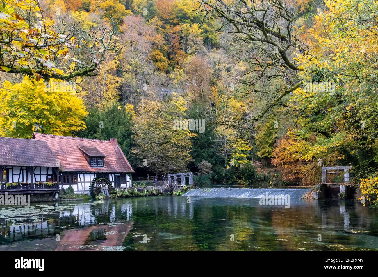 Blautopf, karst spring, historic hammer mill with water wheel, Swabian ...