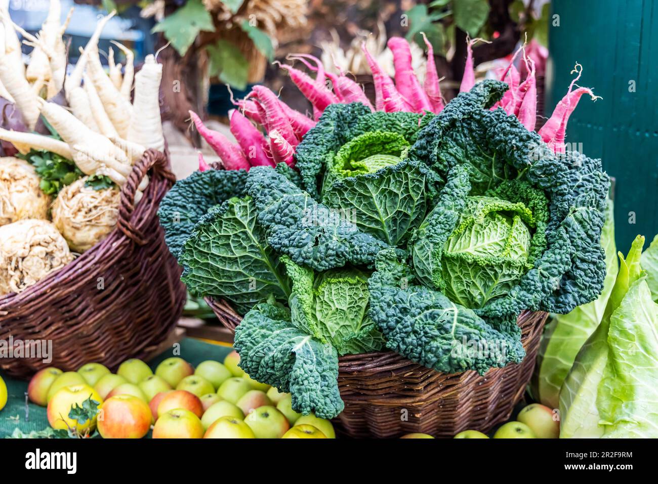 Thanksgiving, decorated baskets with harvest produce, fruit, vegetables ...