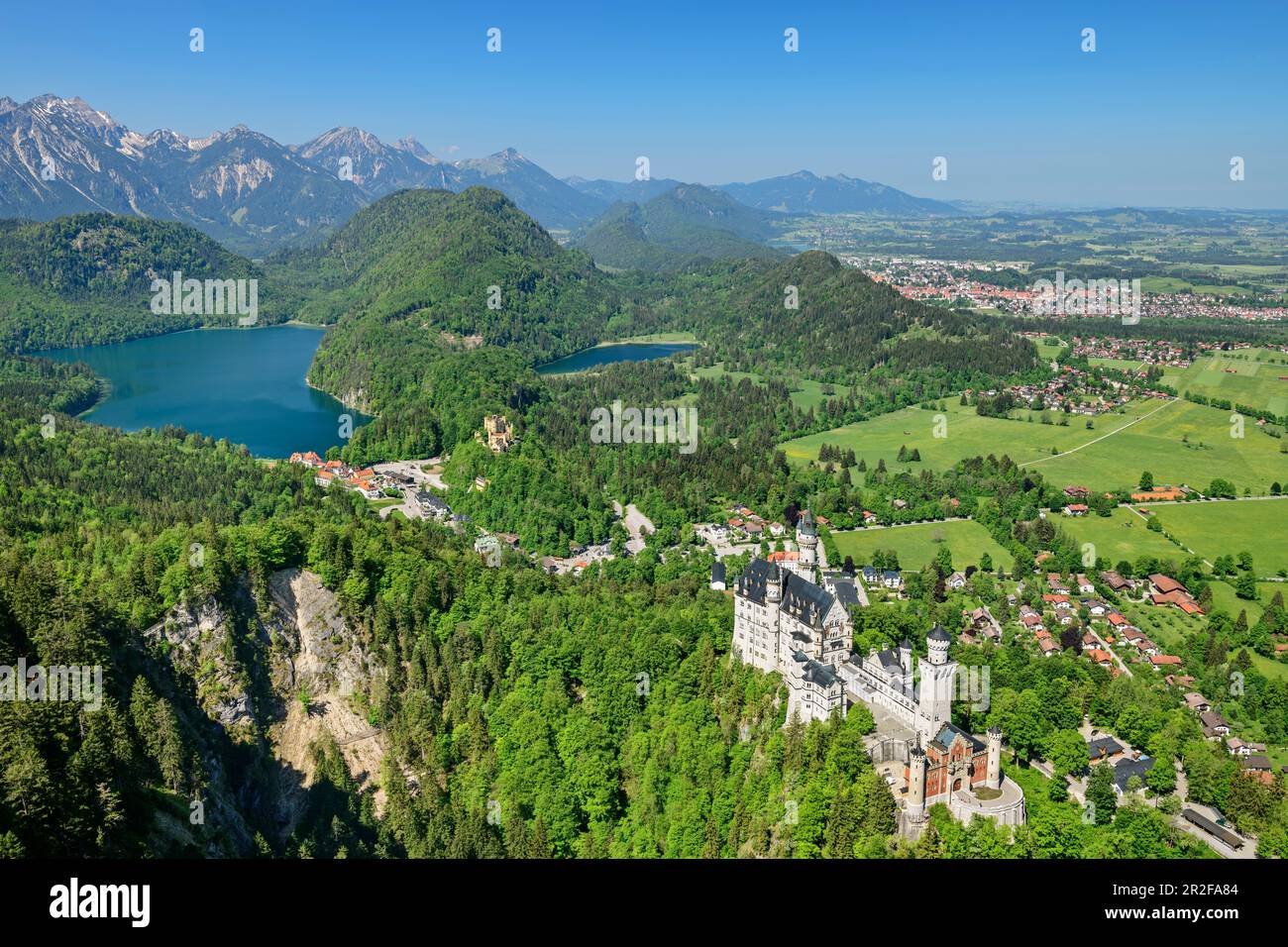 Deep view of Neuschwanstein Castle with Alpsee and Schwansee, Tannheim ...