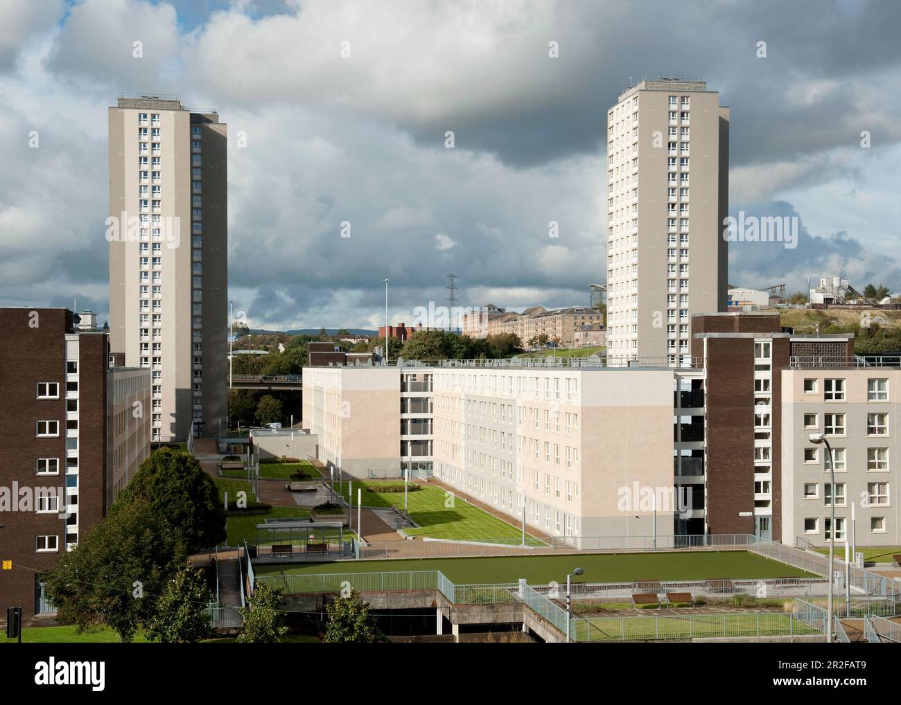 The Cowcaddens lawn bowling green on the roof of urban housing flats in ...