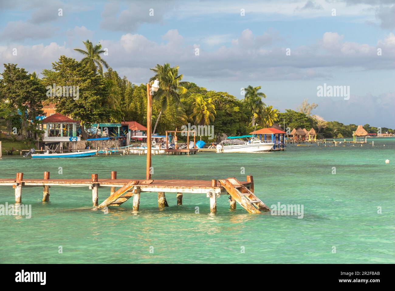 View of shore of the lagoon of 7 colors in Bacalar, Quintana Roo ...