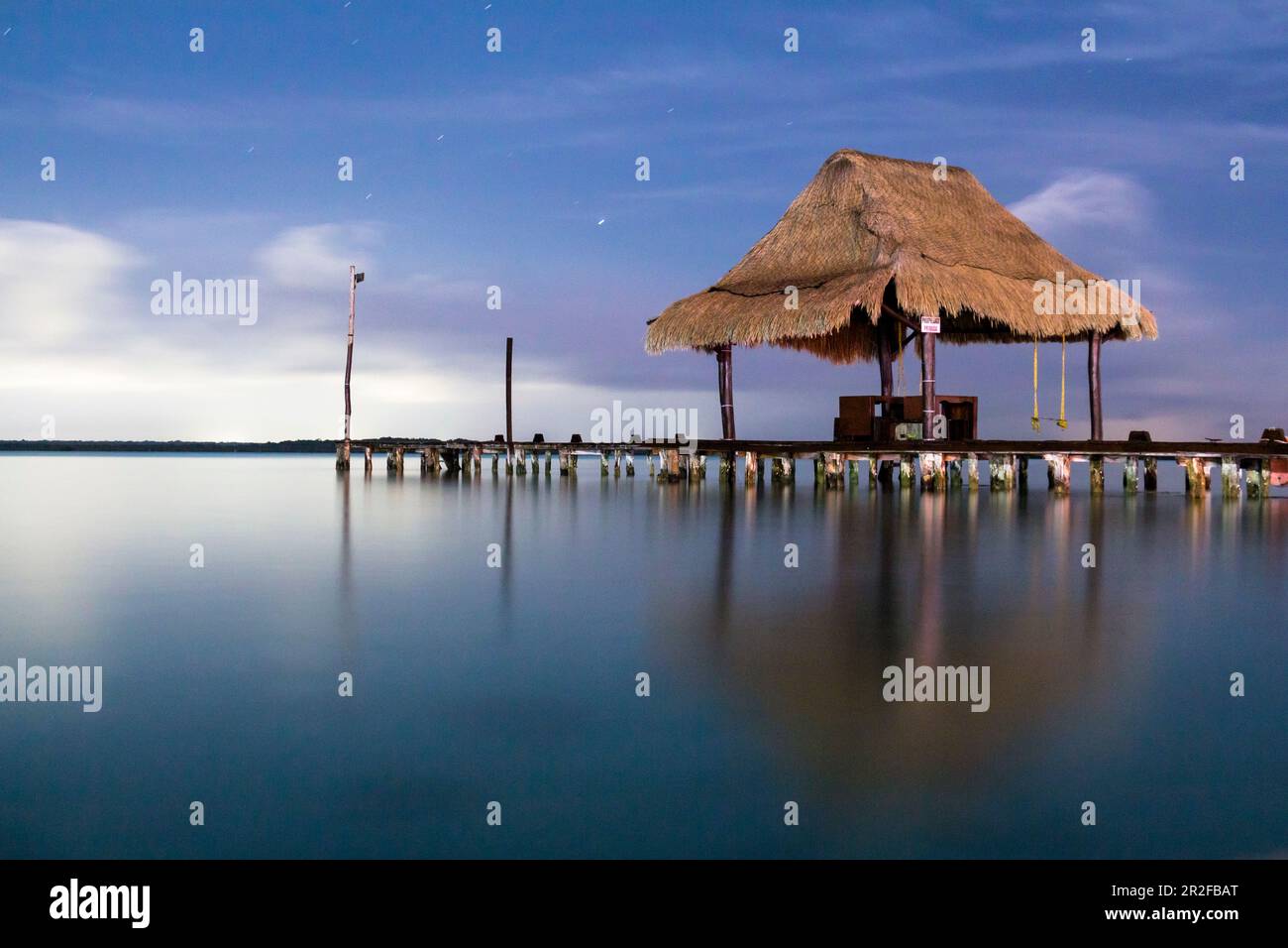 Night shot of jetty on the Bacalar Lagoon, Quintana Roo, Yucatan ...