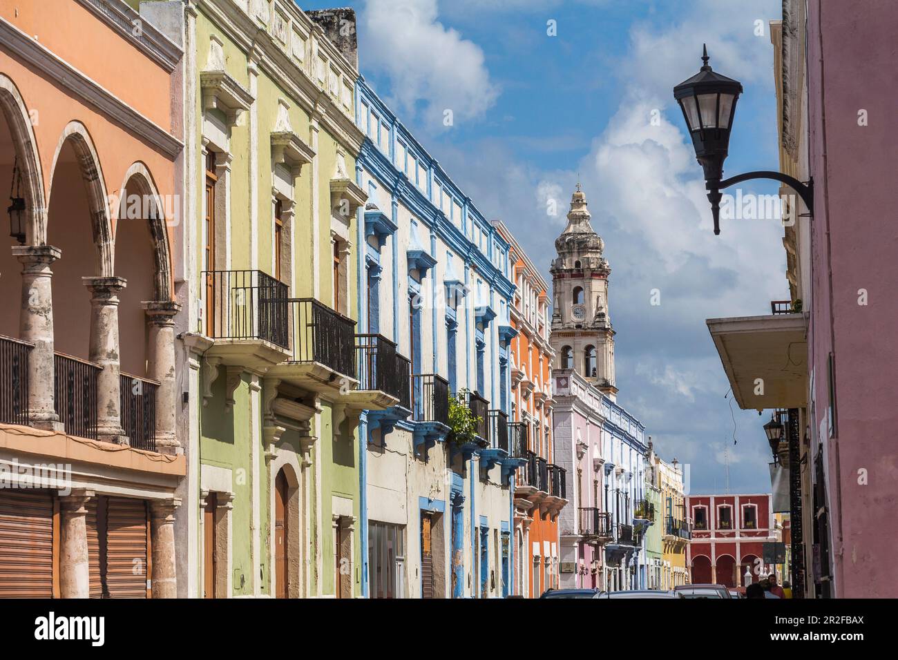 Restored colorful colonial style buildings in the streets of Campeche ...