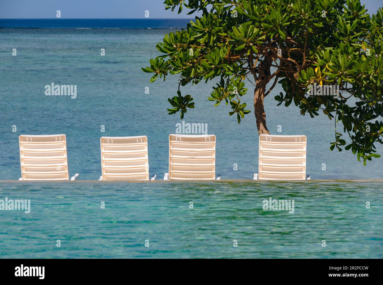 Sun loungers by the pool of the Hotel Shangri-La with a view of the ...