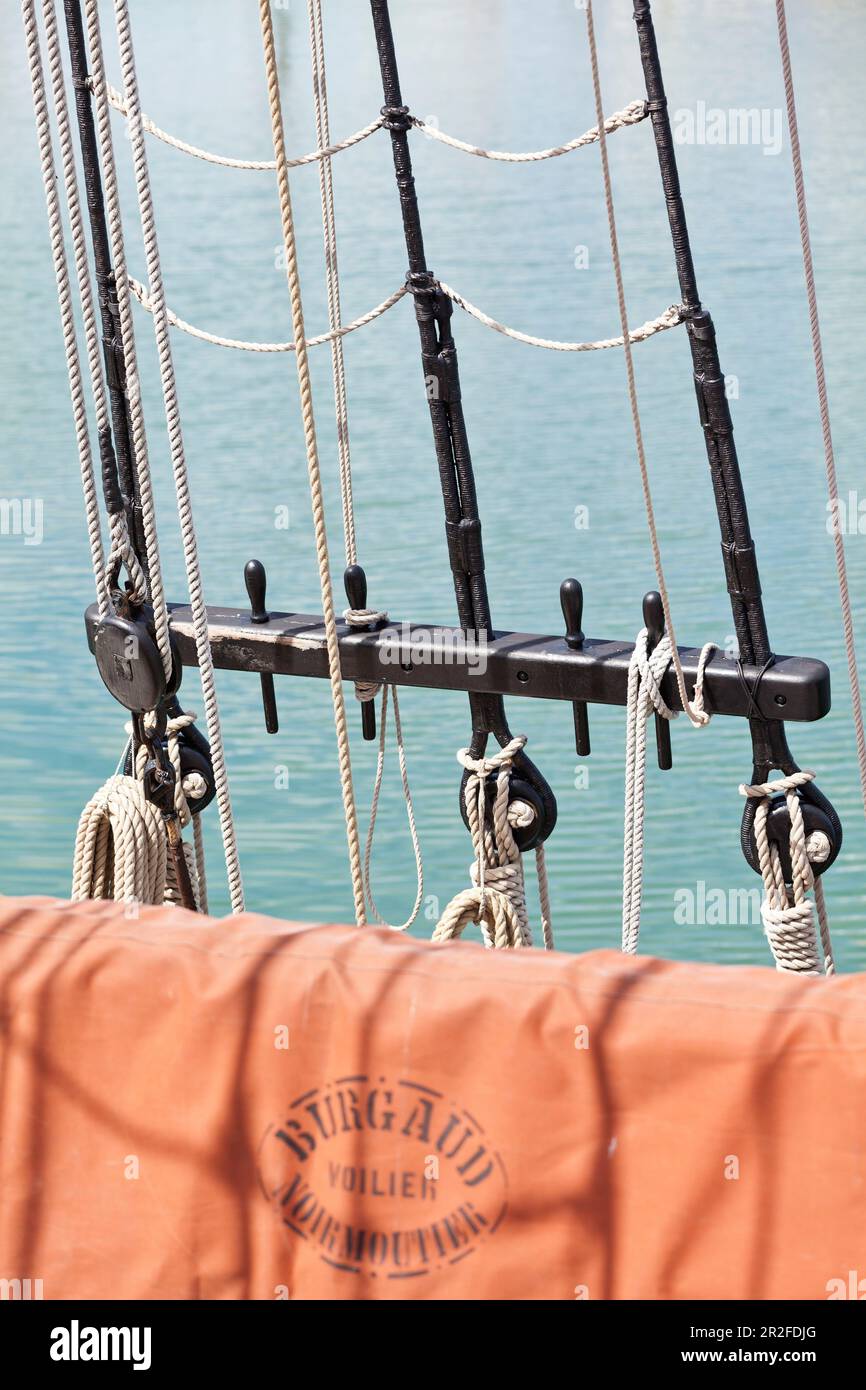 Details of an old sailing ship in the port of Saint Vaast la Hougue ...