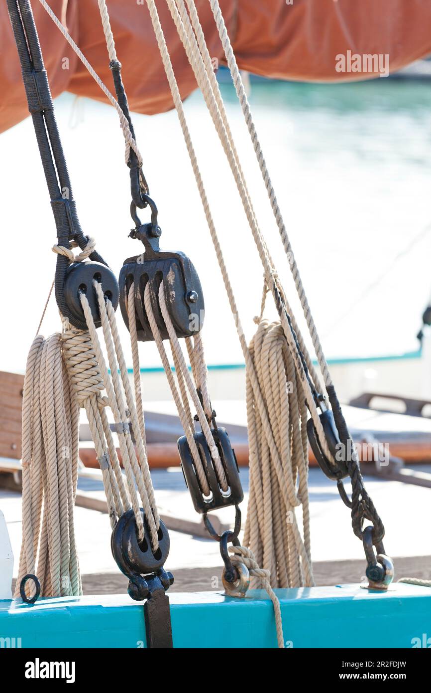 Details of an old sailing ship in the port of Saint Vaast la Hougue ...