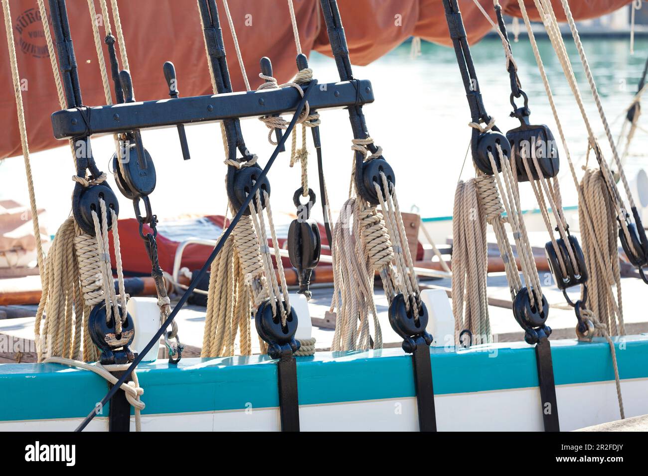 Details of an old sailing ship in the port of Saint Vaast la Hougue ...