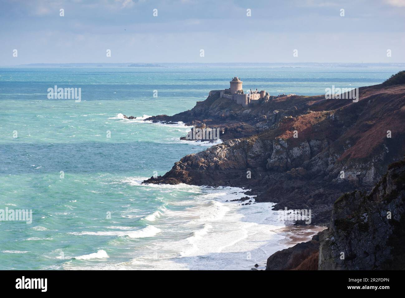 Fort la Latte near Cap Frehel during a storm. Here the Cote Emeraude ...
